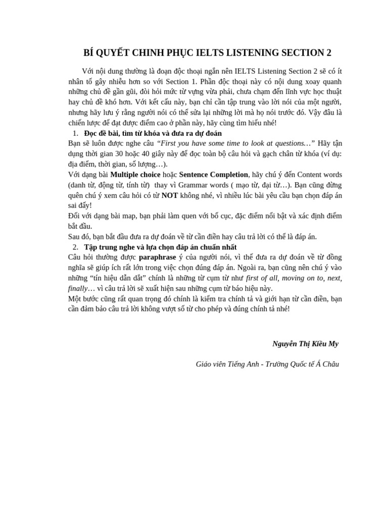 Ms.kieu My- Bí Quyết Chinh Phục Ielts Listening Section 2 | PDF