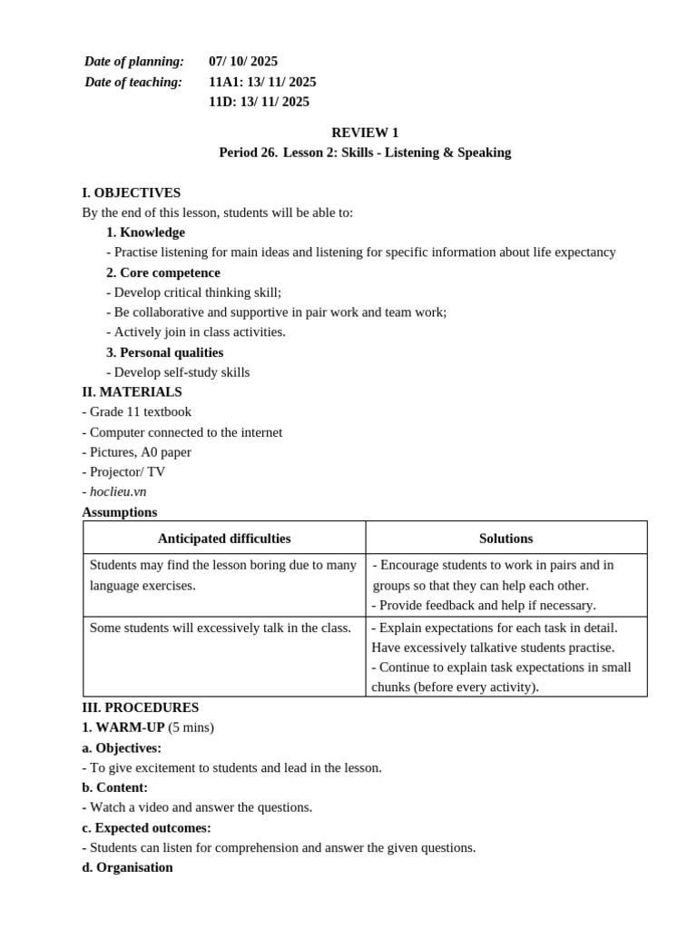 Listening & Speaking Lesson Plan for 11th Grade | PDF | Teachers ...