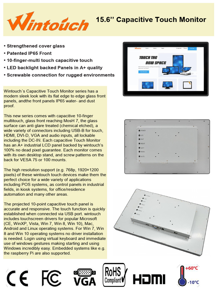 15.6" IP65 Capacitive Touch Monitor | PDF | Touchscreen | Computer Monitor
