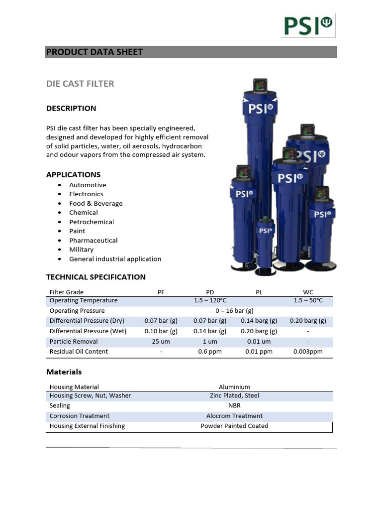 PSI Product Data Sheet for Die Cast Filter | PDF | Filtration ...