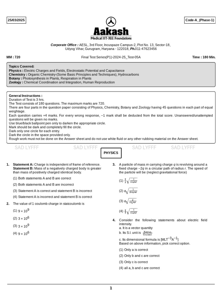 Final Test Series(P1) 2024 25_Test 05A (1) | PDF | Capacitance ...