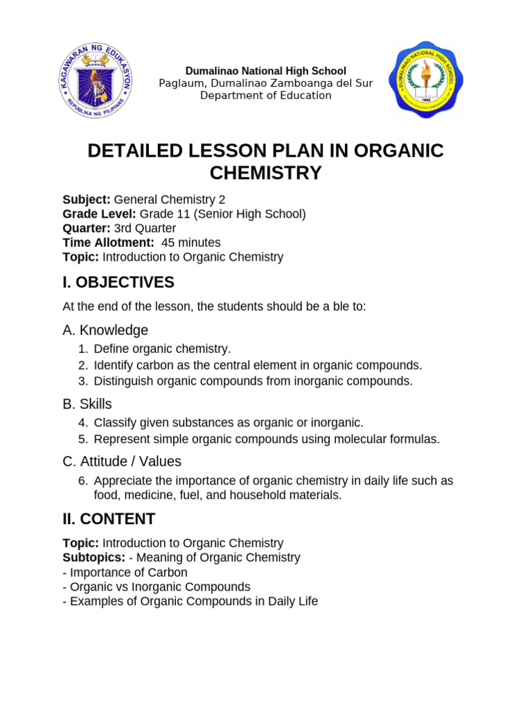 Organic Chemistry Lesson Plan for Grade 11 | PDF | Organic Compounds ...