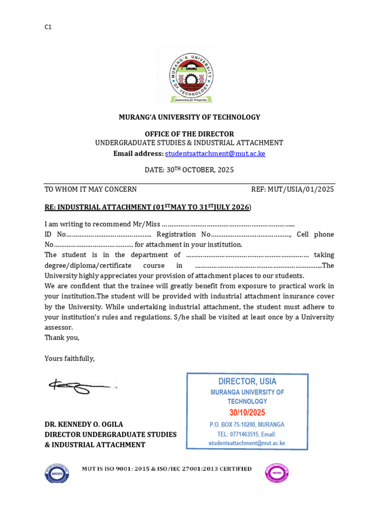 Industrial Attachment Recommendation Letter | PDF
