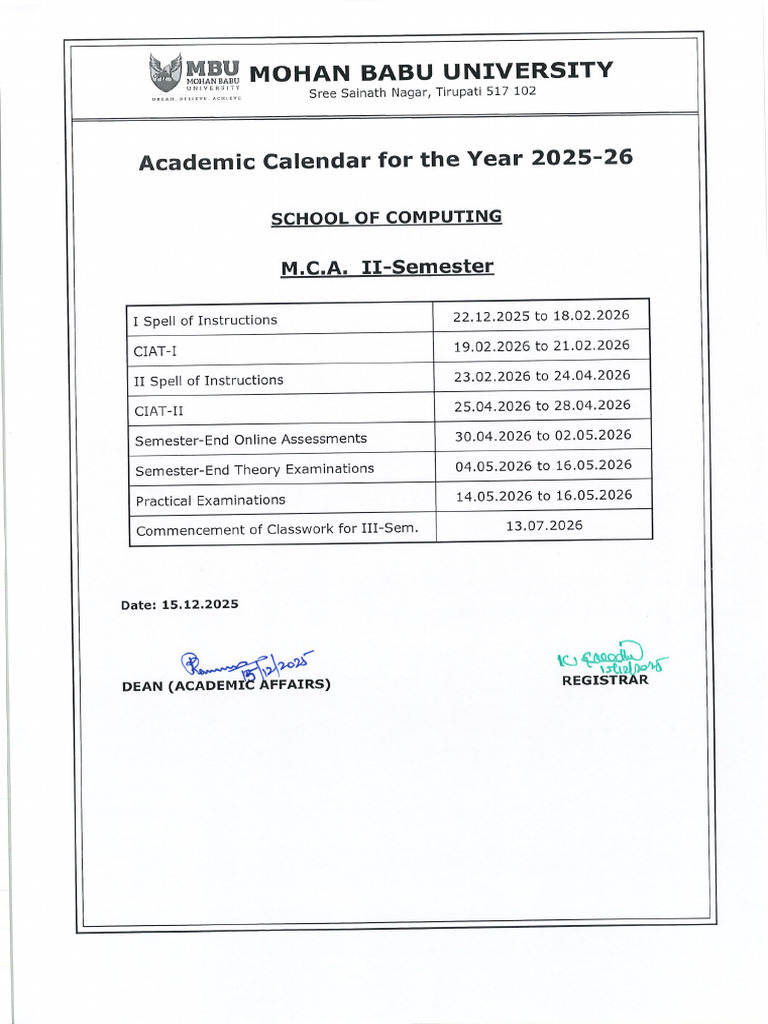 2. MBU SoC - MCA II Sem - 2025-26 Academic Calendar-1 | PDF