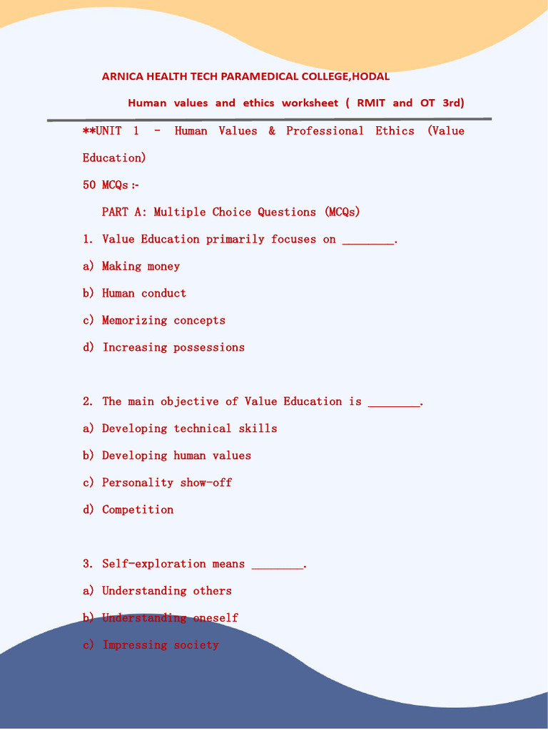 Human Values & Ethics MCQs Worksheet | PDF | Happiness | Value (Ethics)