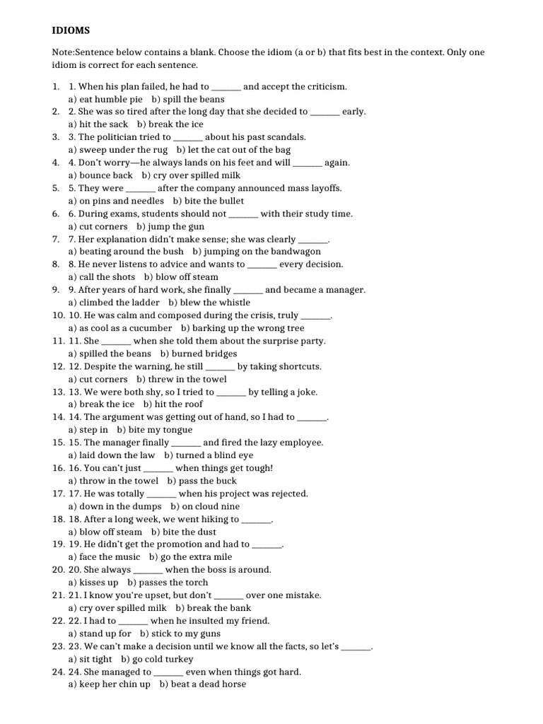 Idioms Exercise and Meanings | PDF