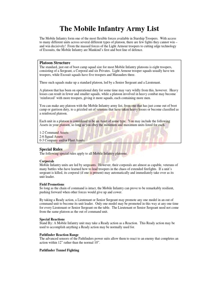 Mobile Infantry Army List Guide | PDF | Platoon | Company (Military Unit)