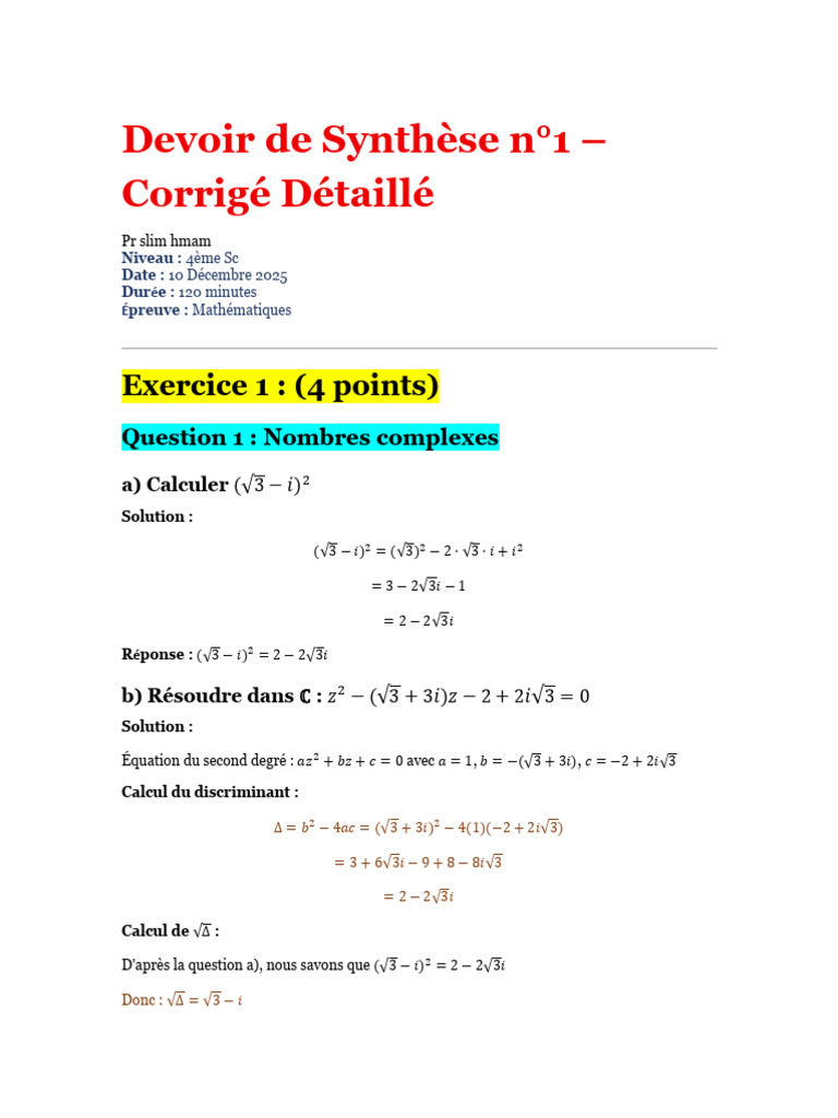Corrigé Math 4ème : Nombres complexes et géométrie | PDF | Le volume ...