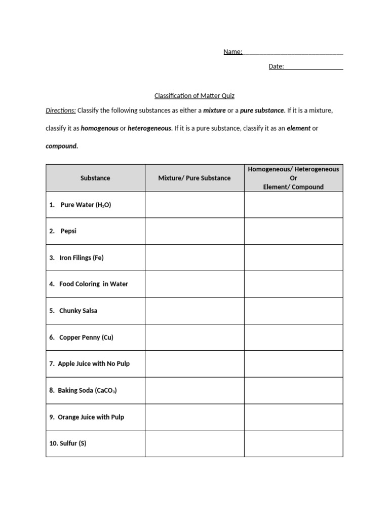 Classification of Matter Quiz Guide | PDF | Mixture | Chemical Substances