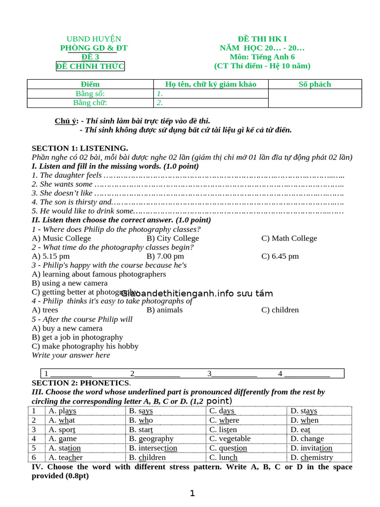 Bộ Đề Thi Học Kì 1 Tiếng Anh 6 Có File Nghe de 5 | PDF | Reuse