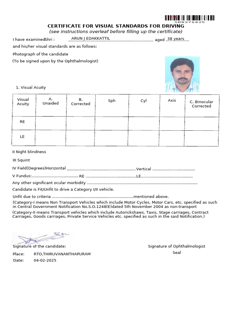 Driving Visual Standards Certificate | PDF
