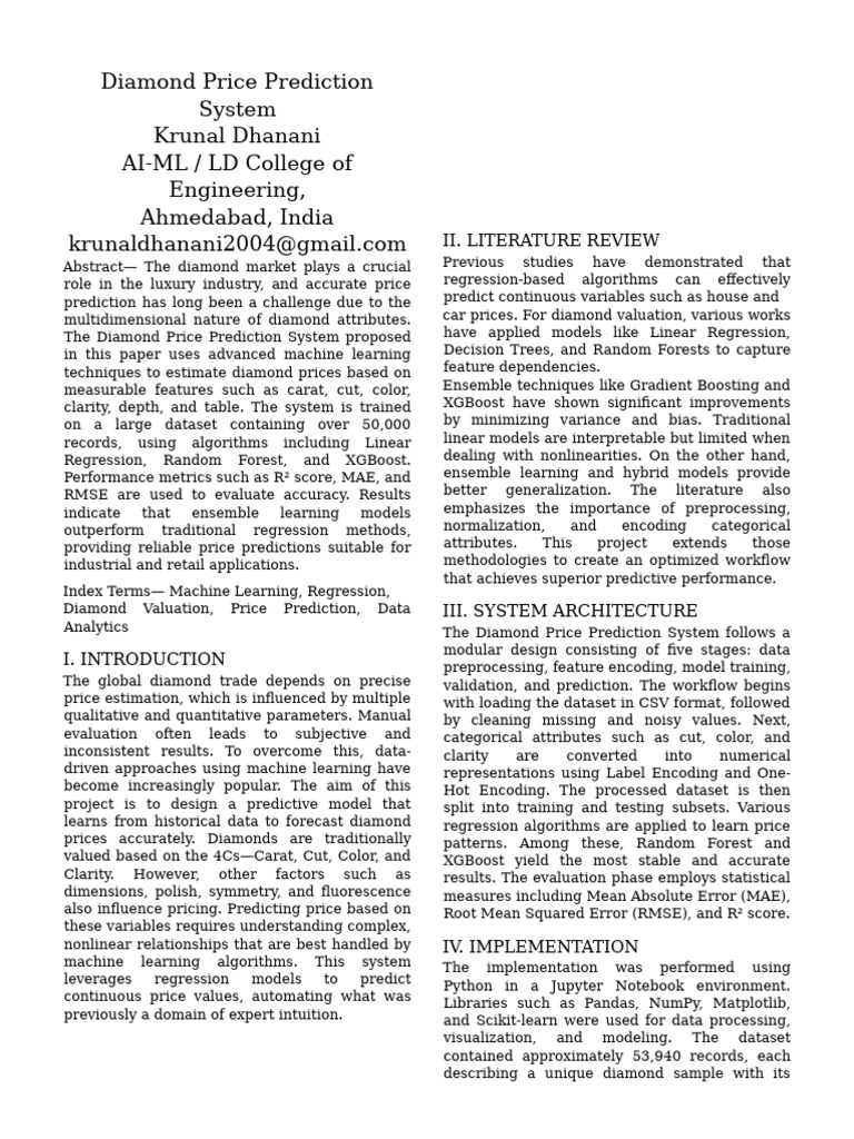 Diamond Price Prediction System IEEE Krunal Dhanani | PDF | Regression ...