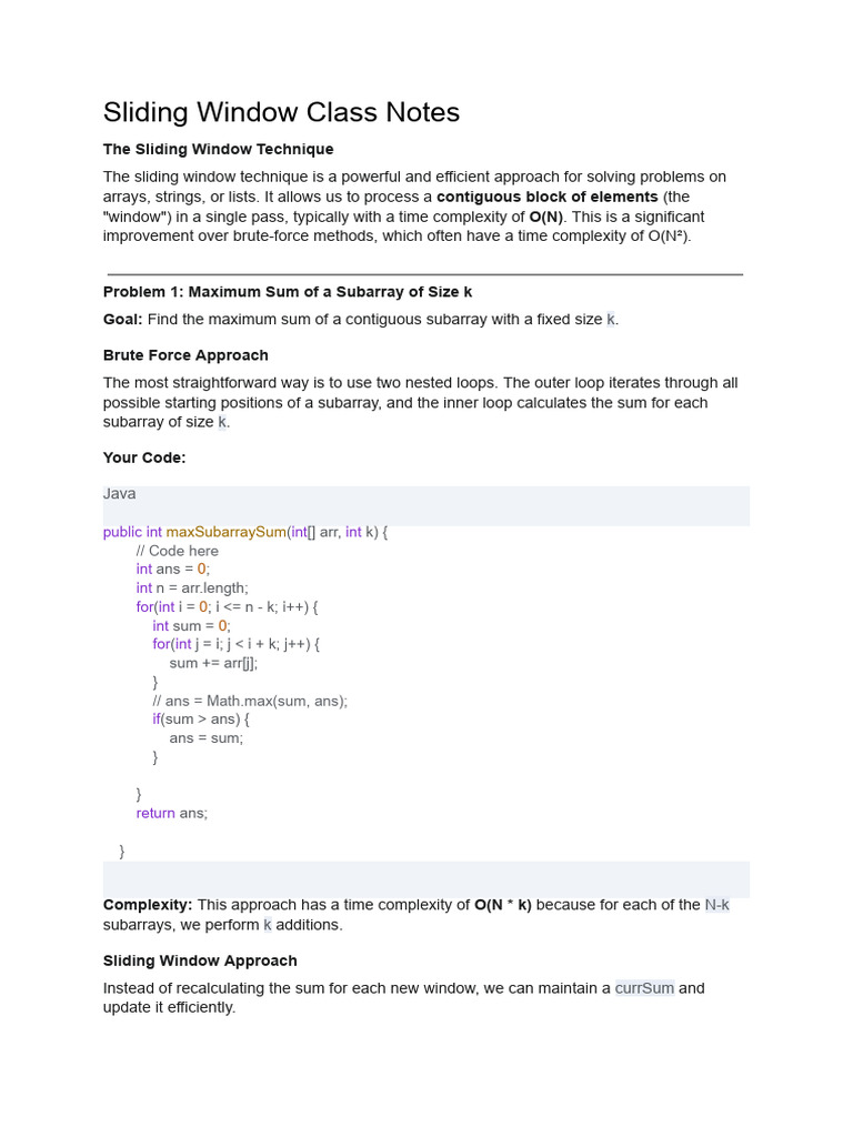 Sliding Window Technique for Subarrays | PDF | Time Complexity | Computing