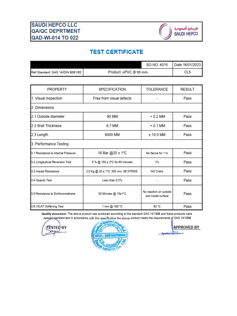 uPVC Pipe Quality Test Certificate | PDF