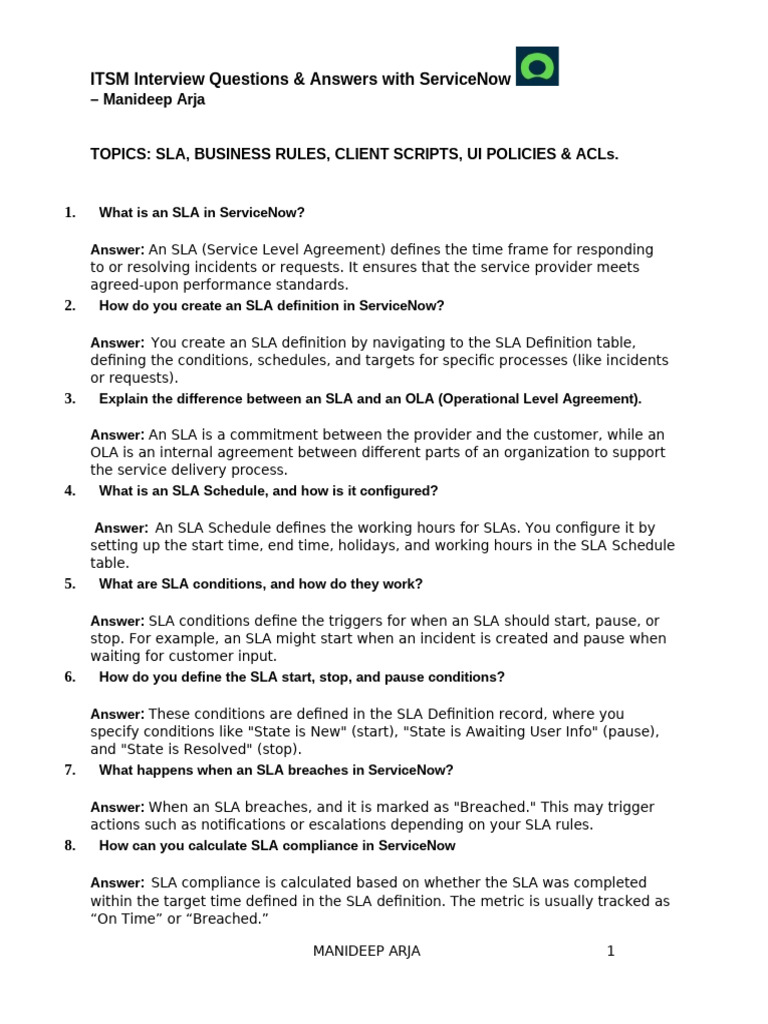 ServiceNow ITSM (Intrvw Q&A's) | PDF | Service Level Agreement | Client ...