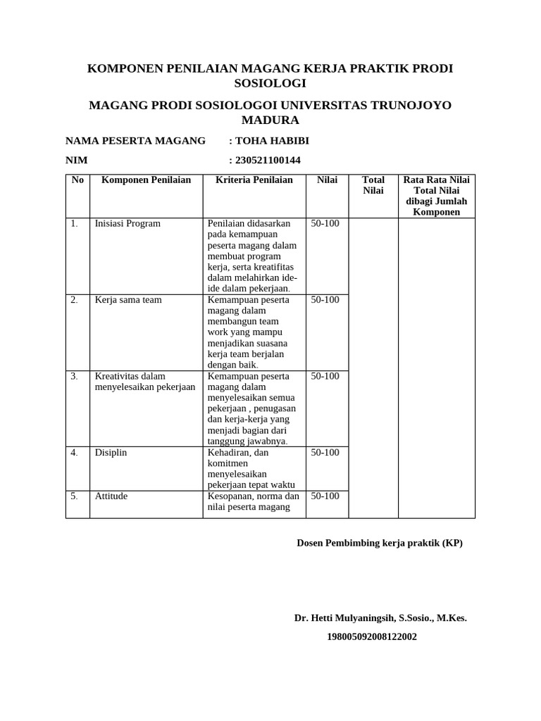 Format Penilaian KP | PDF