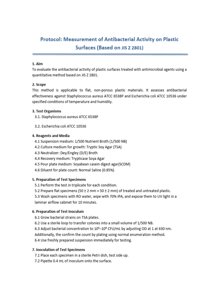 Antibacterial Testing Protocol for Plastics | PDF | Colony Forming Unit ...