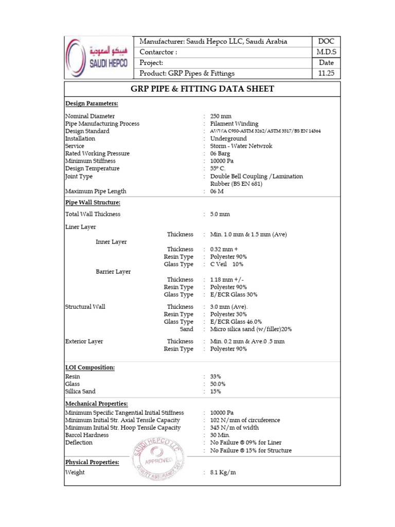 GRP Pipes & Fittings Data Sheet | PDF | Fiberglass | Pipe (Fluid ...