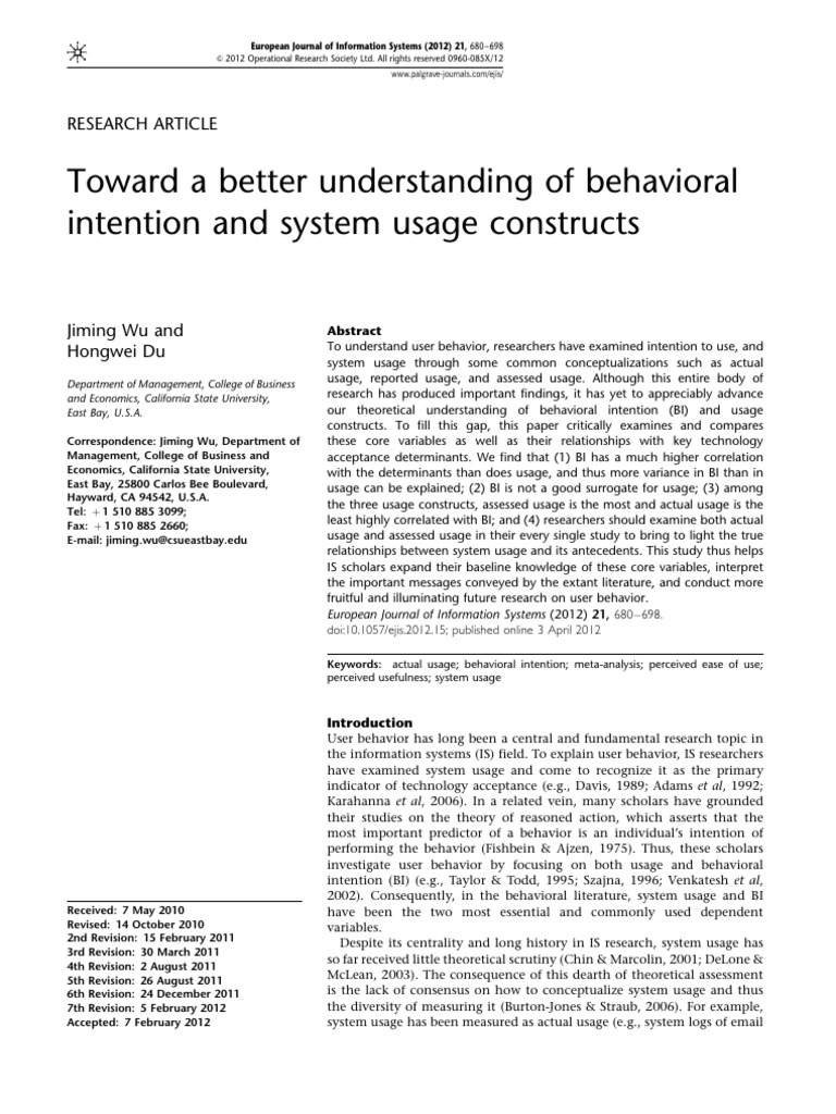 Toward A Better Understanding of Behavioral Intention and System Usage ...
