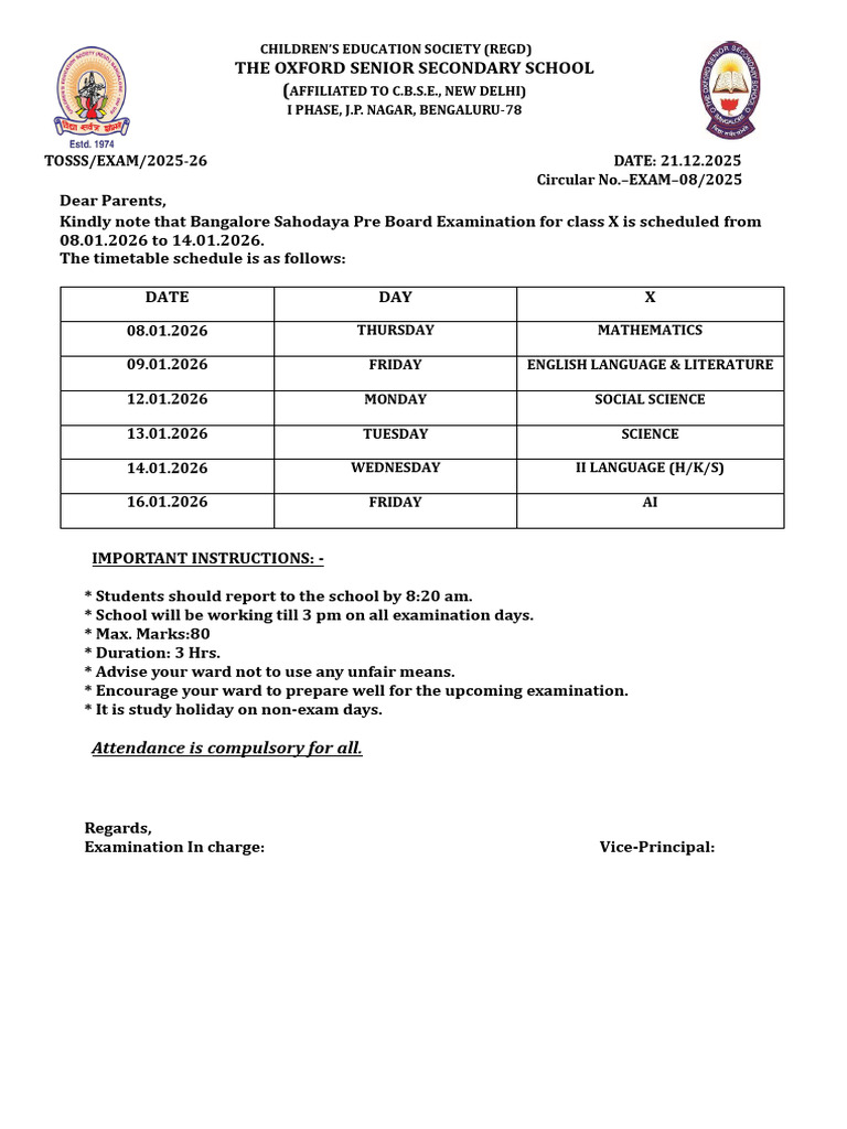 x Sahodaya Pre Board Circular | PDF