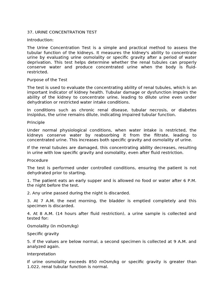 Urine Concentration Test Overview | PDF | Kidney | Dehydration