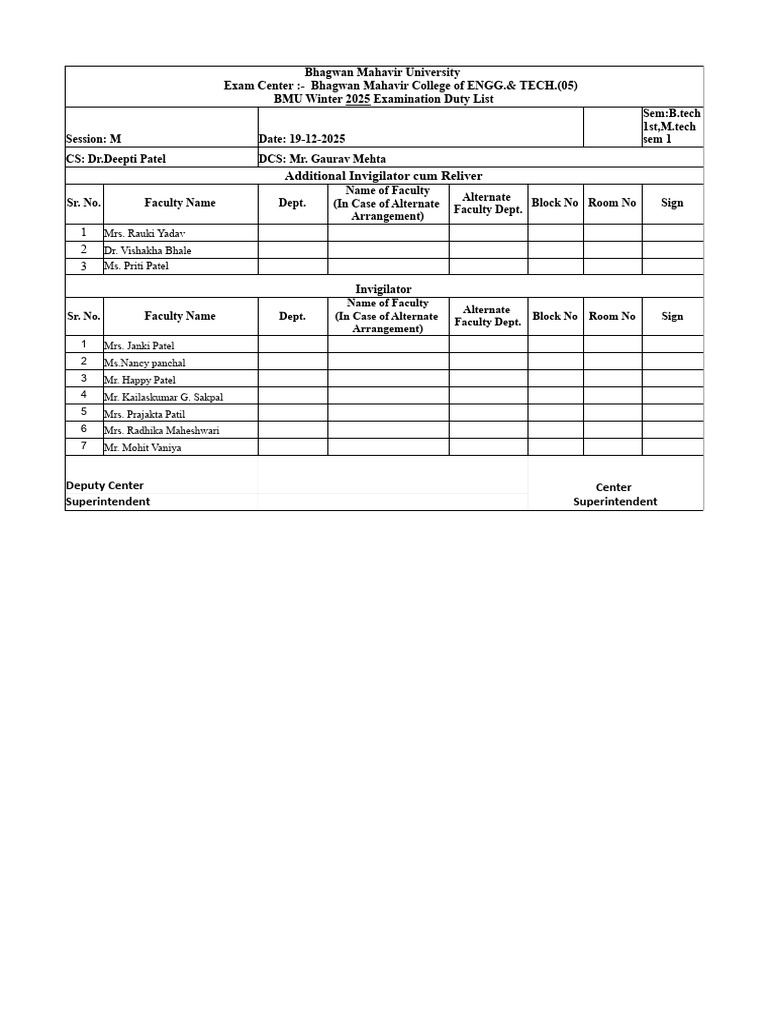 BMU Winter 2025 Exam Duty List | PDF