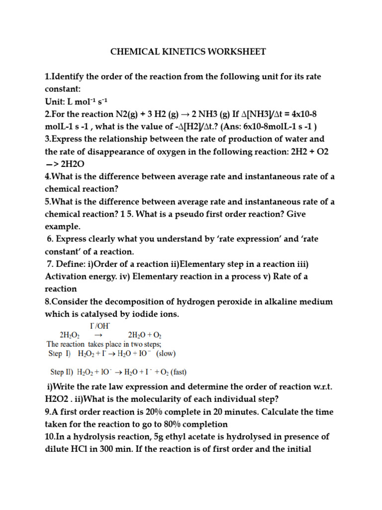 Chemical Kinetics Worksheet (1) | PDF | Reaction Rate | Activation Energy