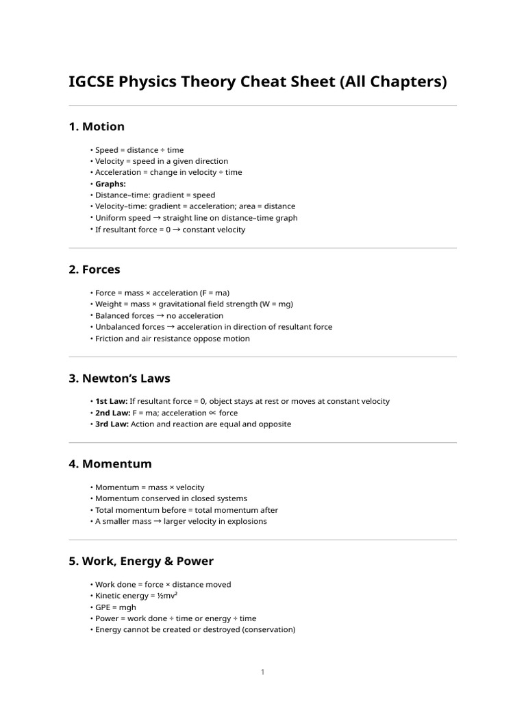 Igcse Physics Theory Cheatsheet | PDF | Force | Electromagnetic Induction