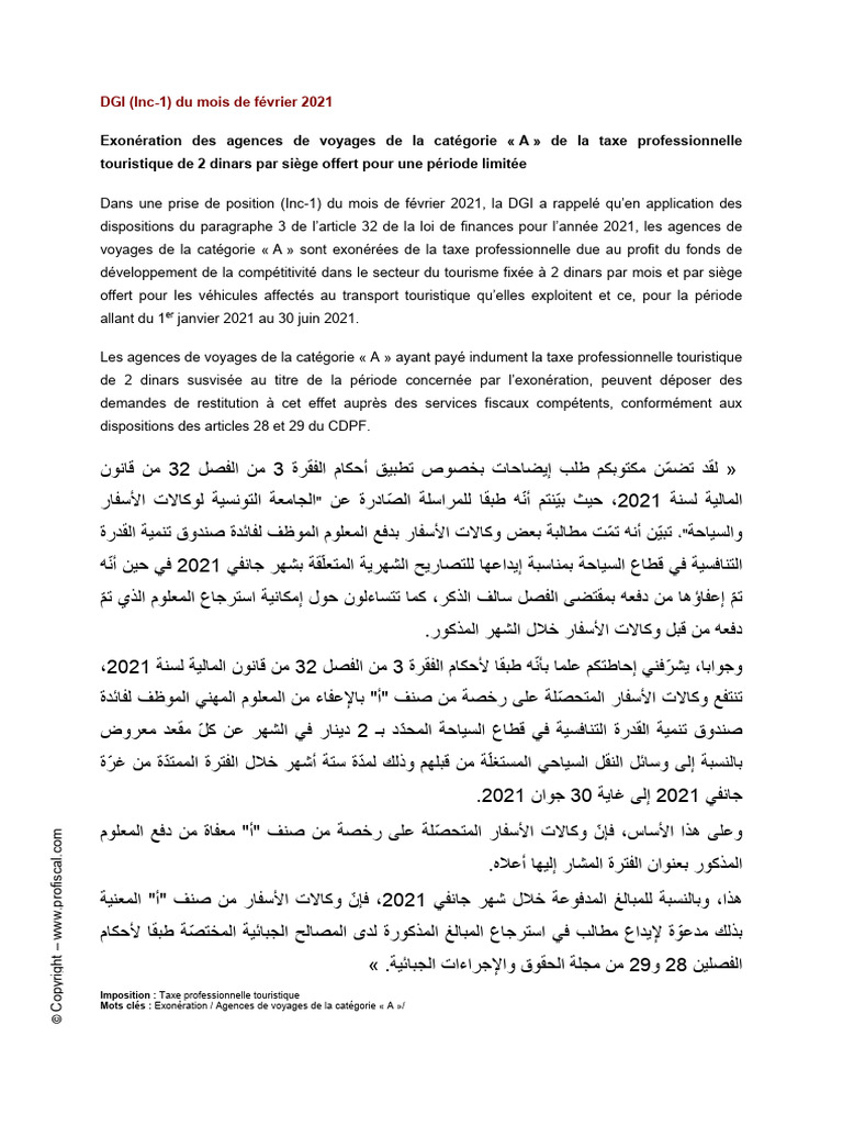 Exonération Des Agences de Voyages de La Catégorie A de La Taxe ...