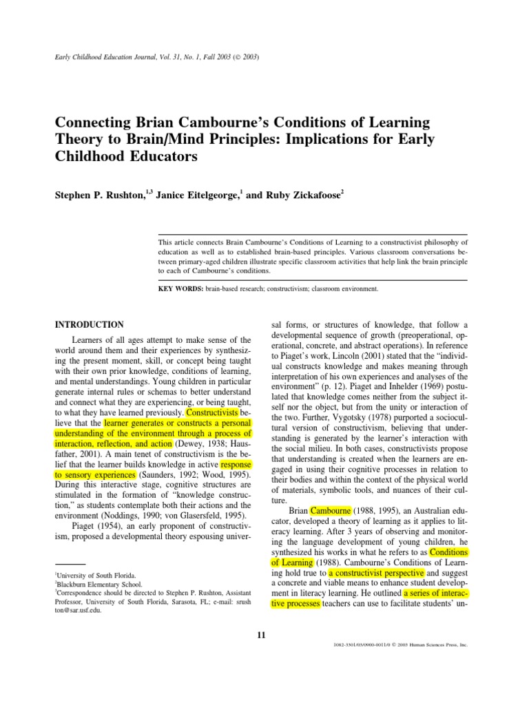 Cambourne Constructivism Brain Research and Conditions of Learning ...