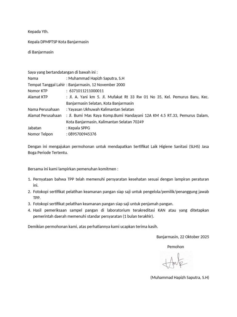 Permohonan Sertifikat Laik Higiene Banjarmasin | PDF