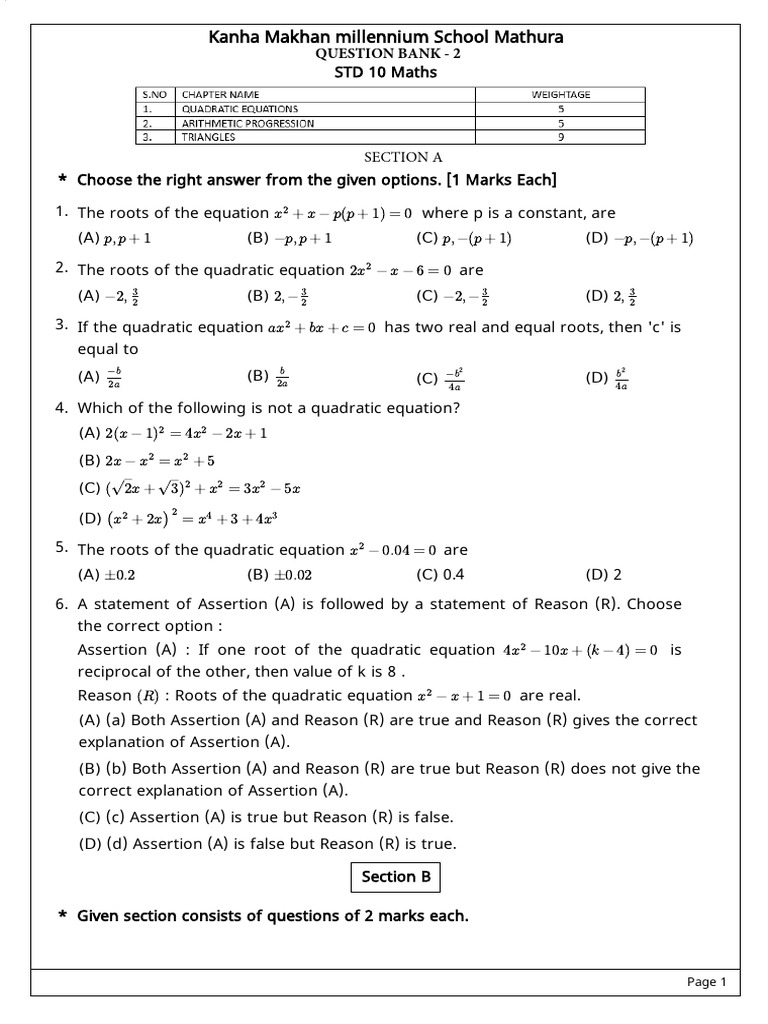 CL 10 Maths Question Bank 2 | PDF | Quadratic Equation | Equations