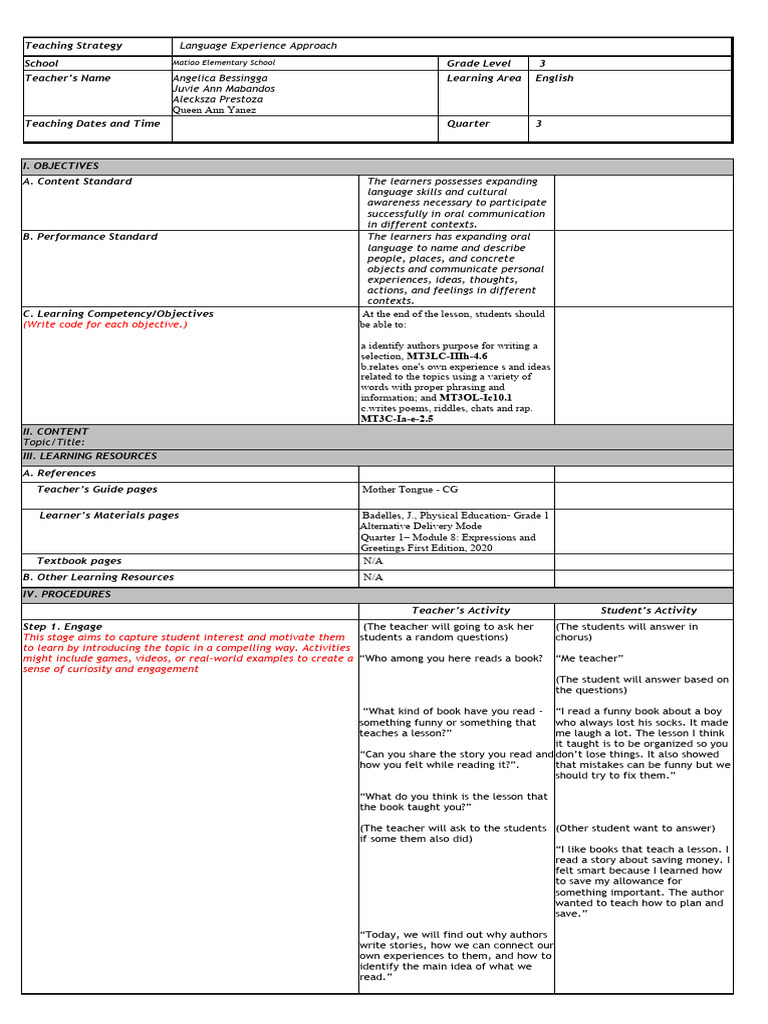 EED115 Language Experience Approach 1 1 | PDF | Learning | Experience