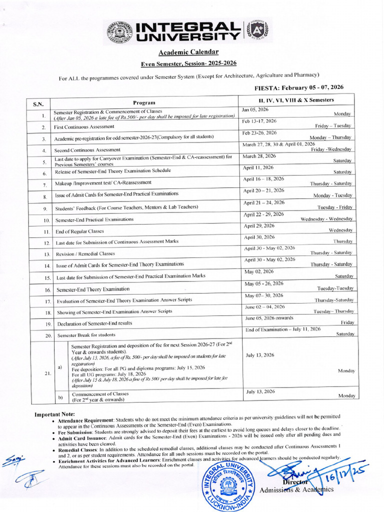 Academic Calendar Even Semester Session2025 26 | PDF