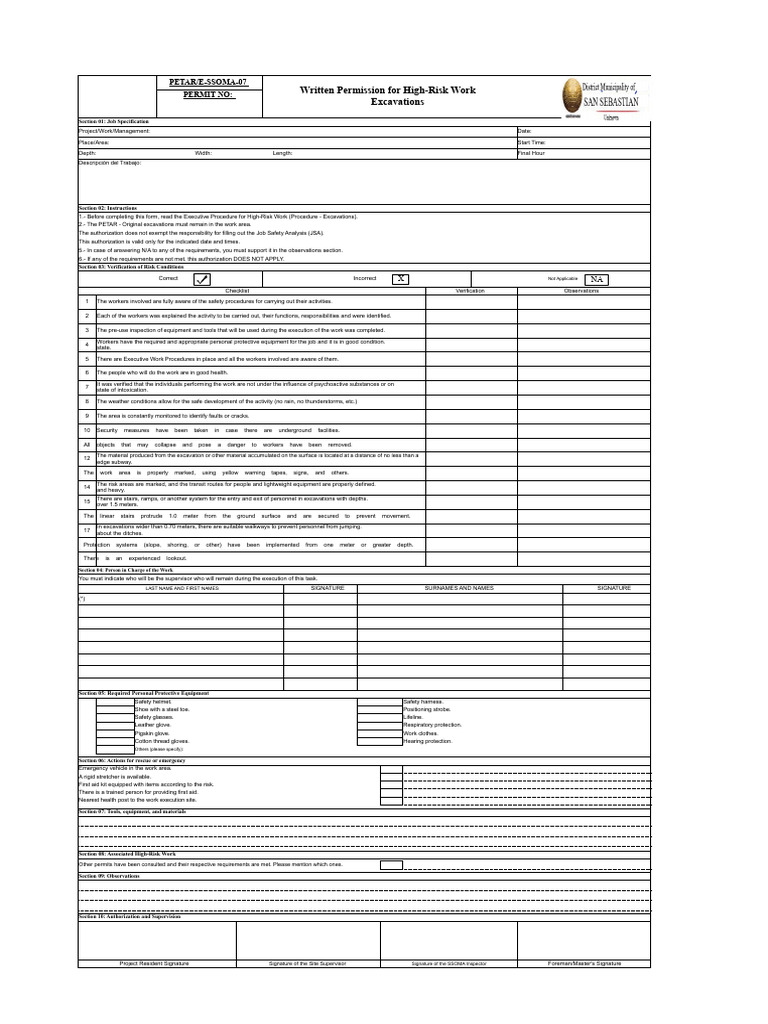High-Risk Excavation Work Permit Guide | PDF | Verification And ...