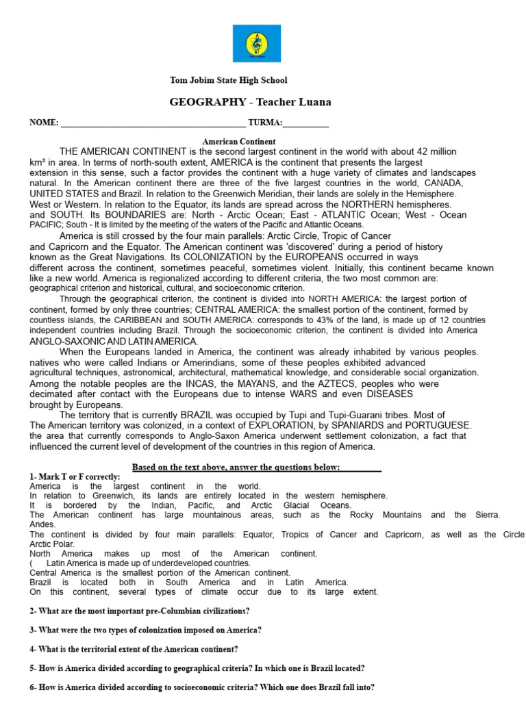Geography Activity American Continent - 67-68-77-87 and 88 | PDF ...