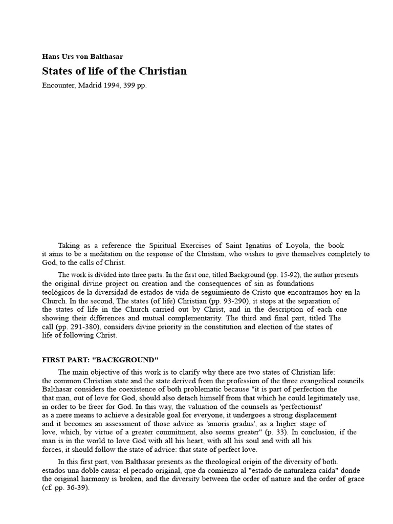 States of Christian Life Urs Von Balthasar | PDF | Grace In ...