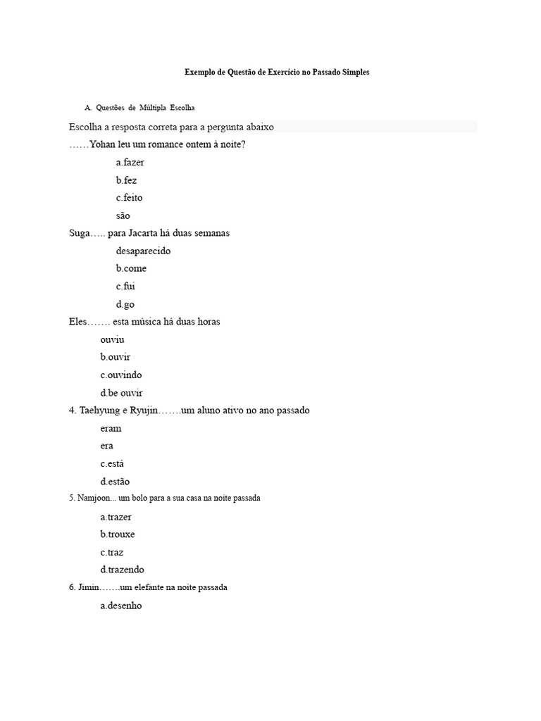 Exemplo de Exercícios de Simple Past Tense e Present Perfect Tense.docx ...