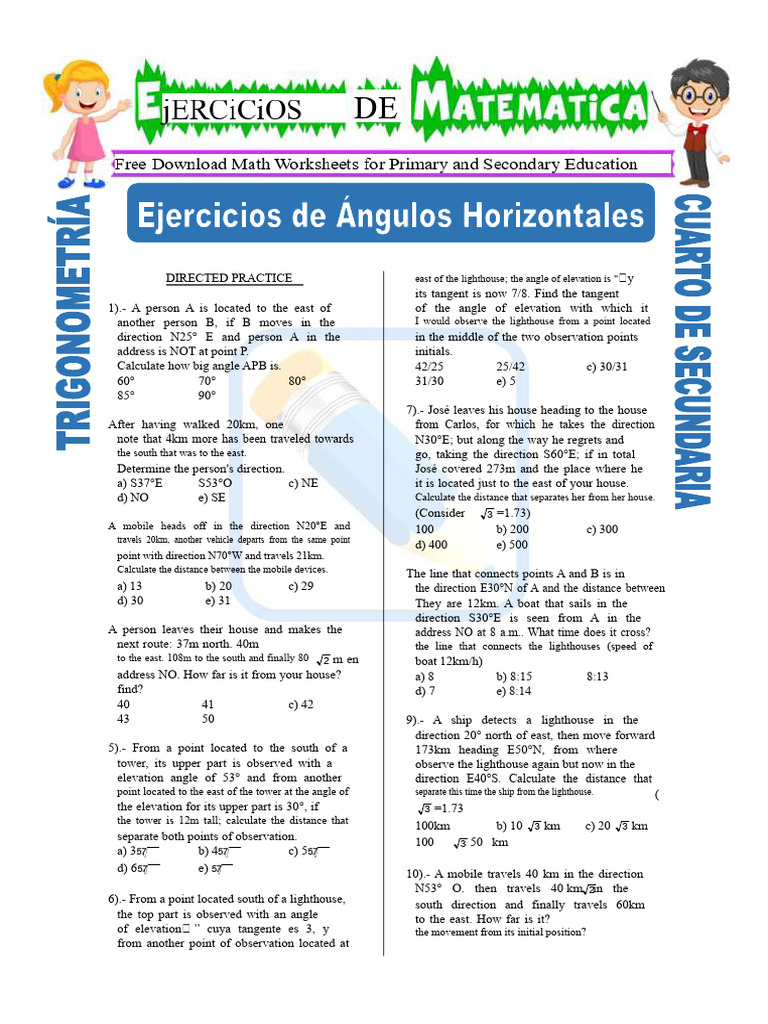 Exercises on Horizontal Angles for Eighth Grade | PDF | Trigonometric ...