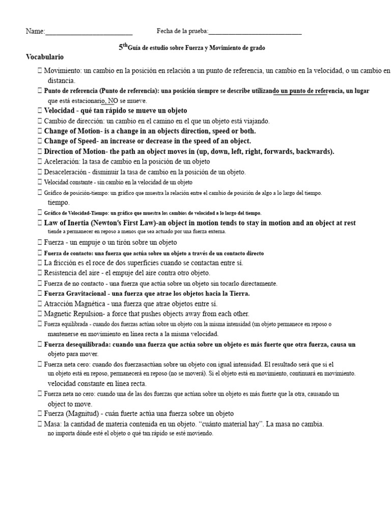 Guía de Estudio de Fuerza y Movimiento GRADO 5 | PDF | Fuerza | Fricción