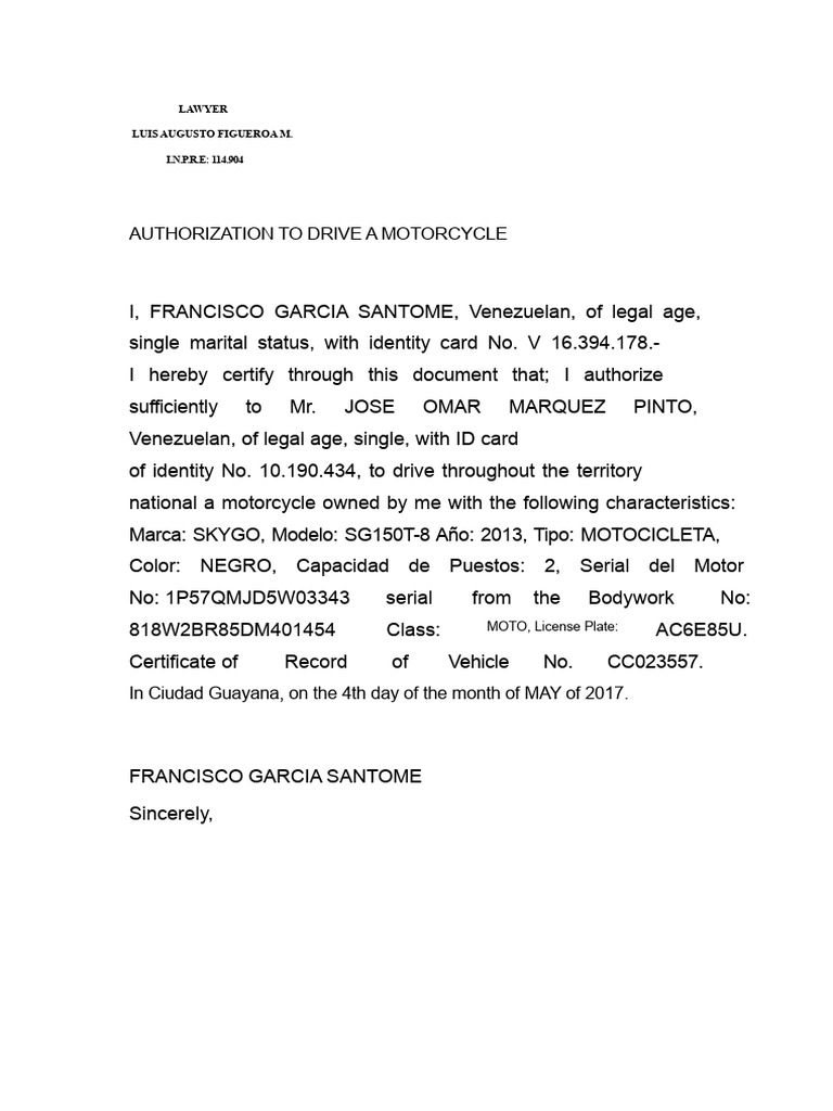 Motorcycle Driving Authorization Document | PDF