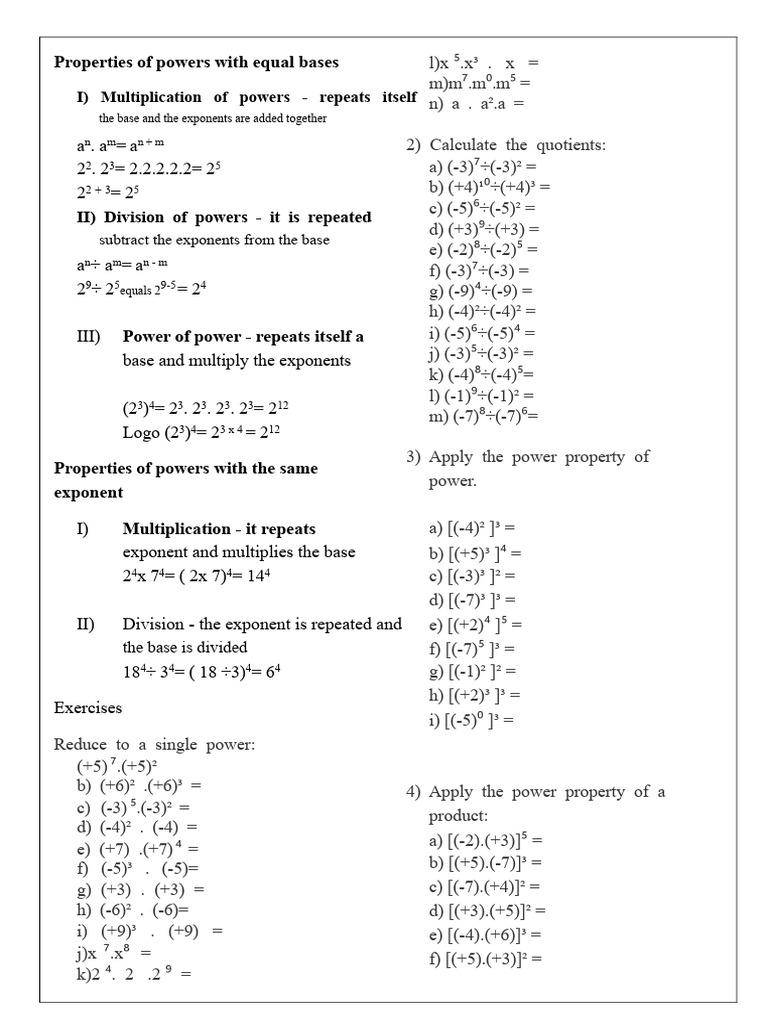 Properties of Powers with Equal Bases | PDF | Multiplication ...