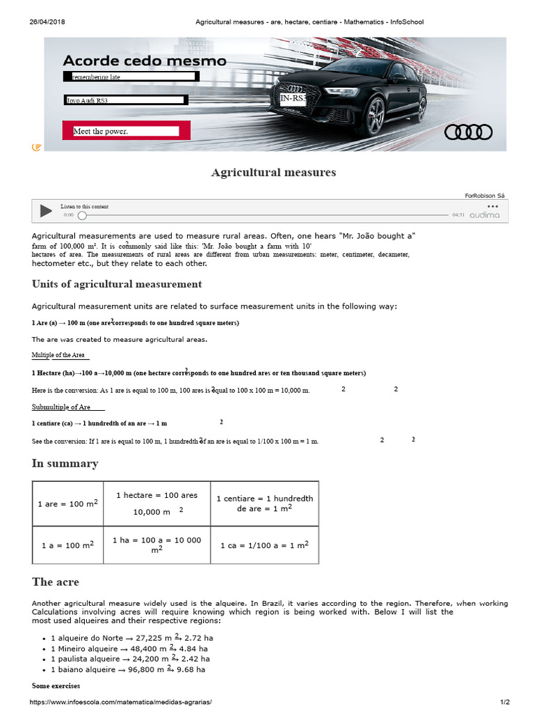 Agricultural Measures - Are, Hectare, Centiare, ALQUEIRE - Mathematics ...