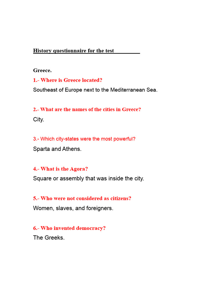 History Questionnaire for the Greece and Rome Test. | PDF