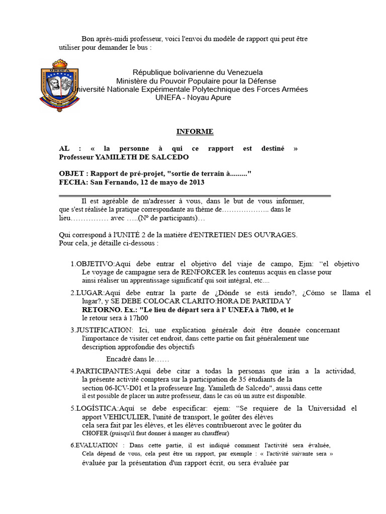 Rapport de pré-projet de sortie terrain | PDF