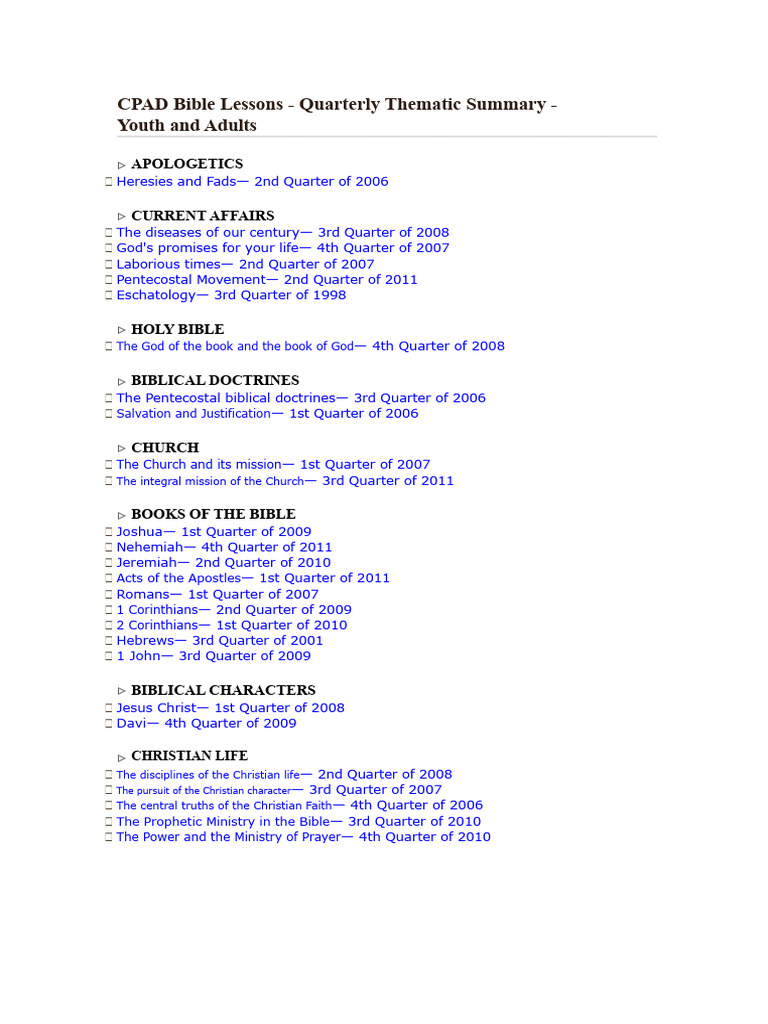 Bible Lessons CPAD - Quarterly Summary by Themes - Youth and Adults | PDF