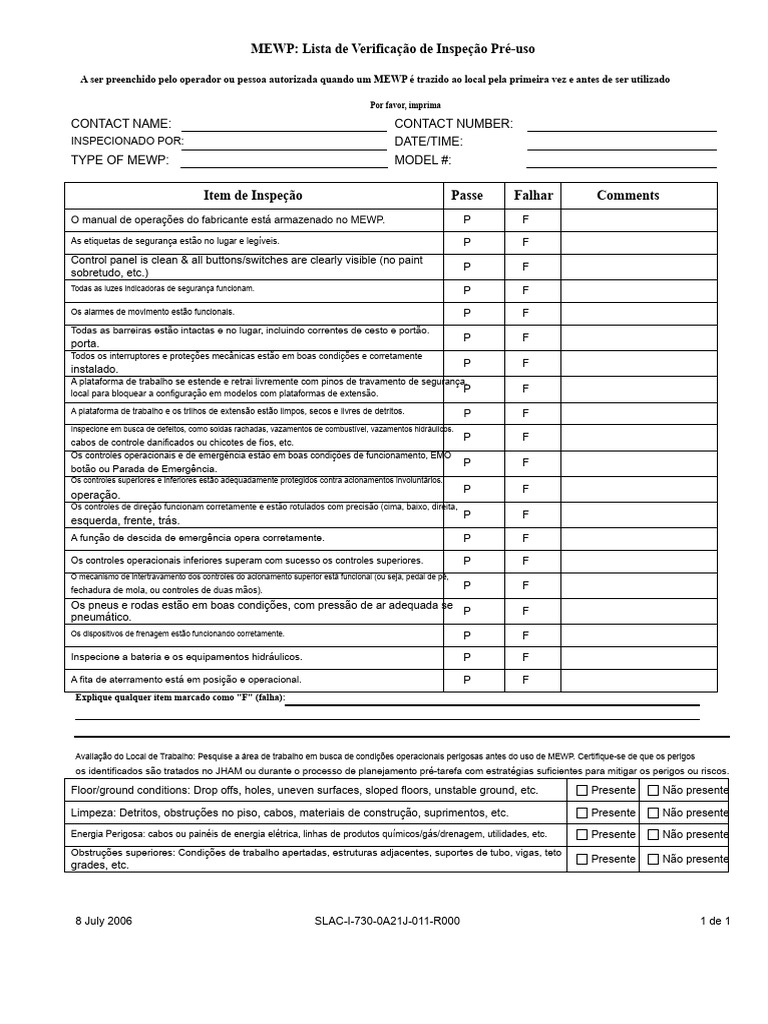 Inspeção Pré-uso de MEWP: Checklist | PDF