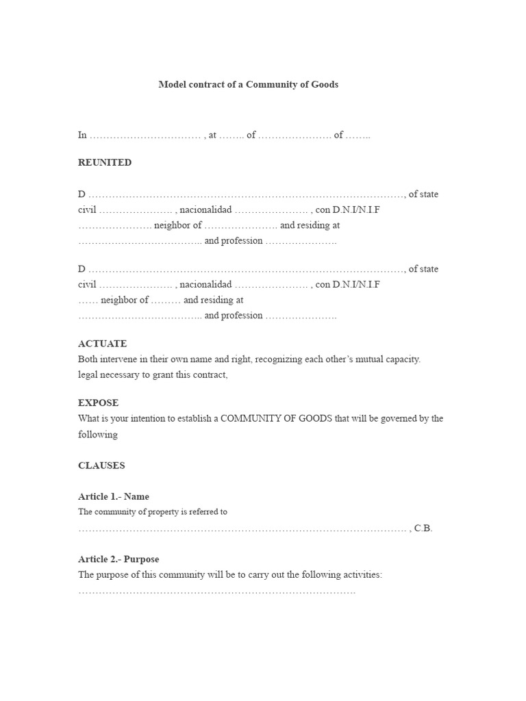 1.-Model of A Contract For A Community of Goods | PDF | Common Law ...