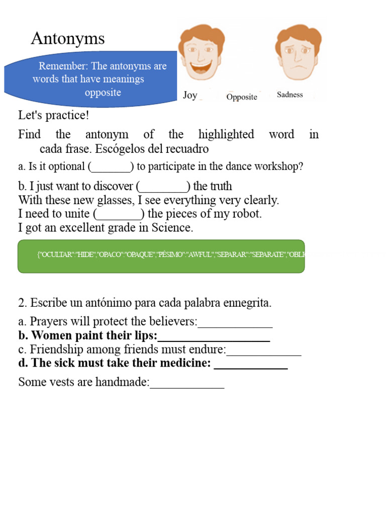 Antonyms Practice Exercises | PDF