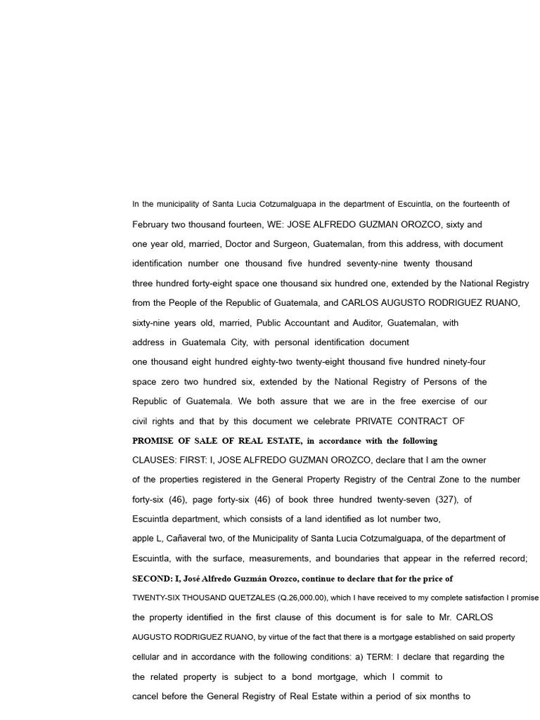Private Contract of Promise of Real Estate | PDF | Deed | Guatemala